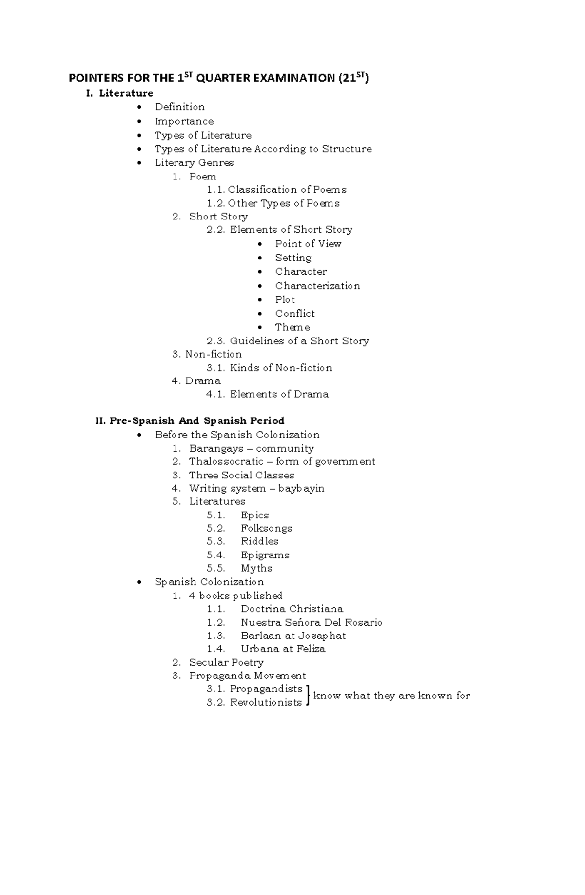 Pointers FOR THE 1ST Quarter Examination - POINTERS FOR THE 1ST QUARTER ...