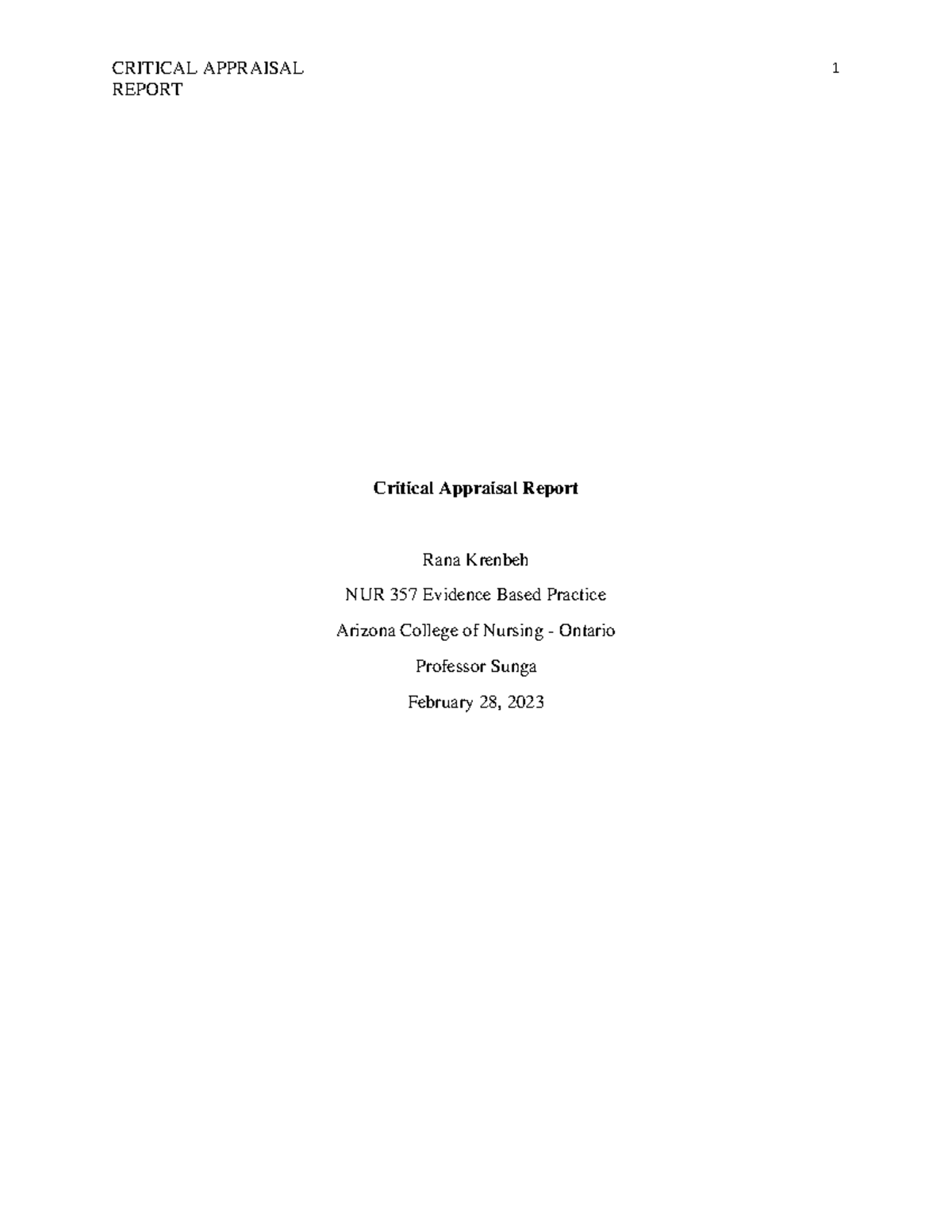 Critical Appraisal Report - REPORT Critical Appraisal Report Rana ...