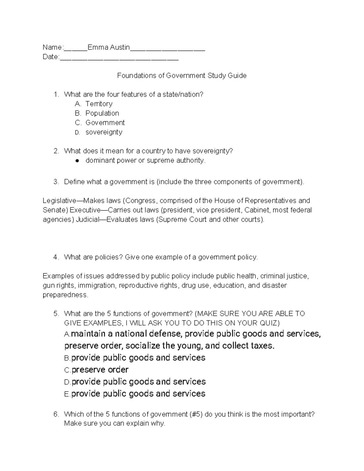Copy of Foundations of Government Study Guide - Name:Emma Austin ...