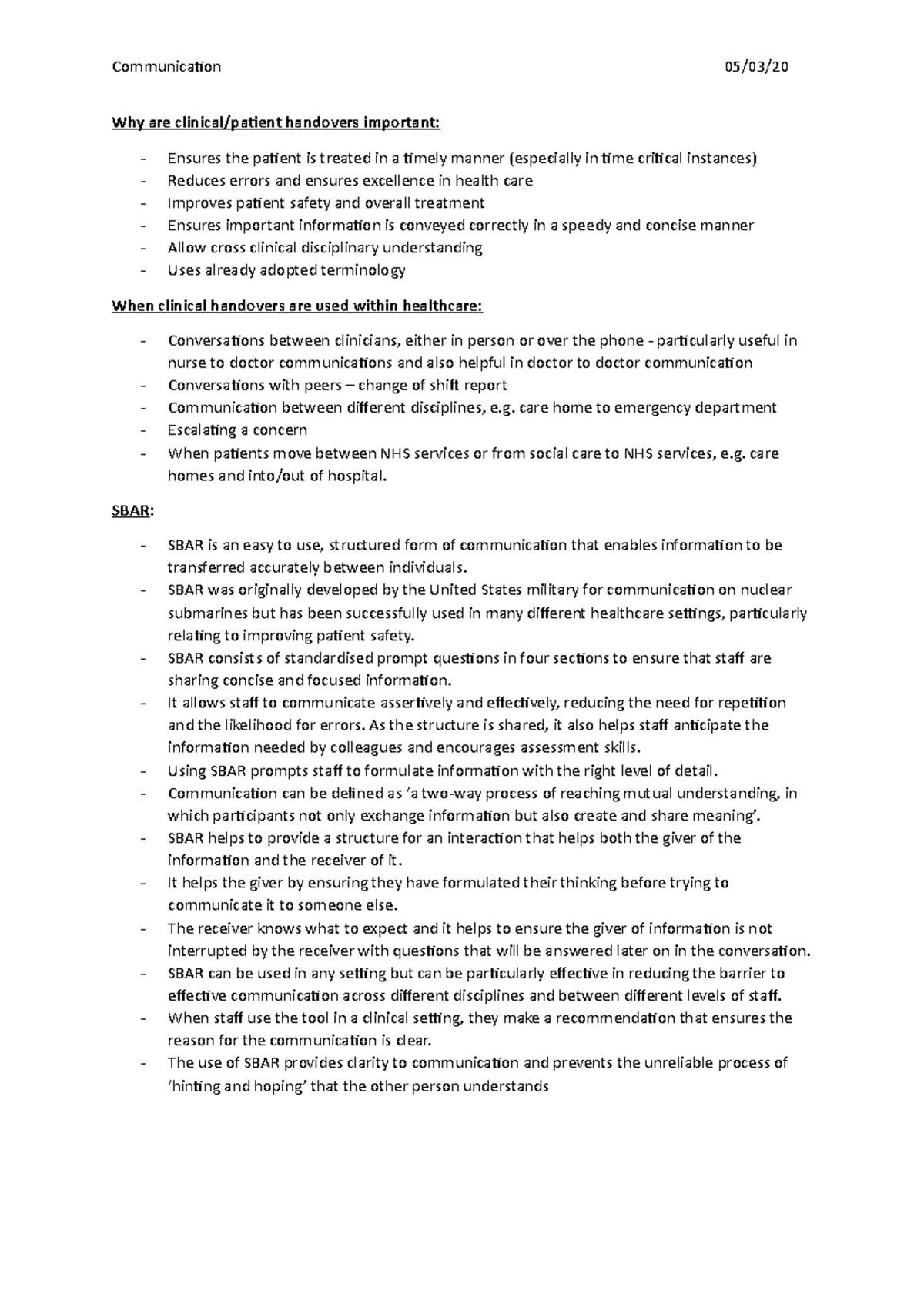 Handovers - How to structure a handover - Communication 05/03/ Why are ...