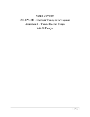 Unit 7 Assignment 1 Developing a Training Evaluation Plan BUS4047 - Running head: Developing a ...