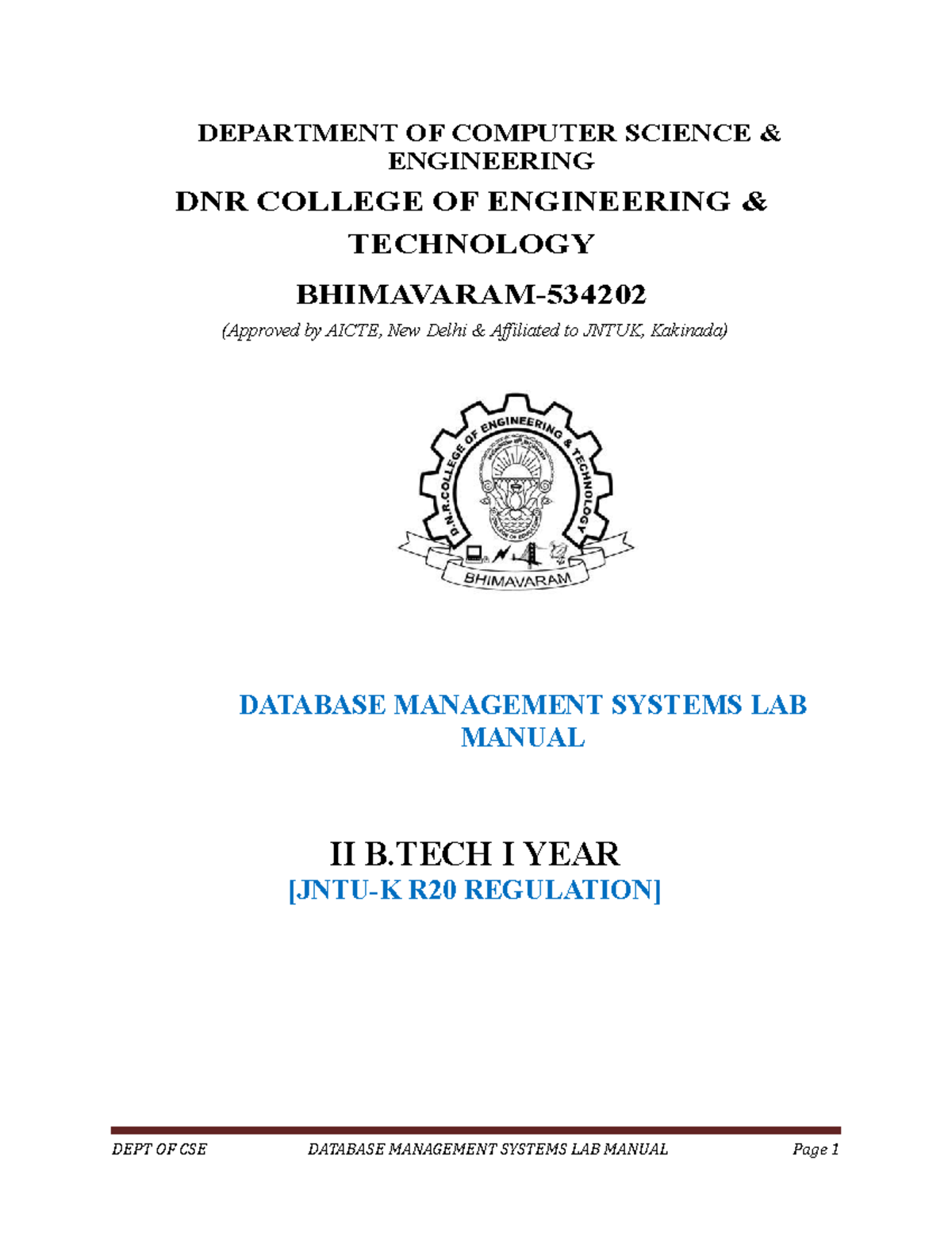 DBMS LAB Maual R20 - DEPARTMENT OF COMPUTER SCIENCE & ENGINEERING DNR COLLEGE OF ENGINEERING ...