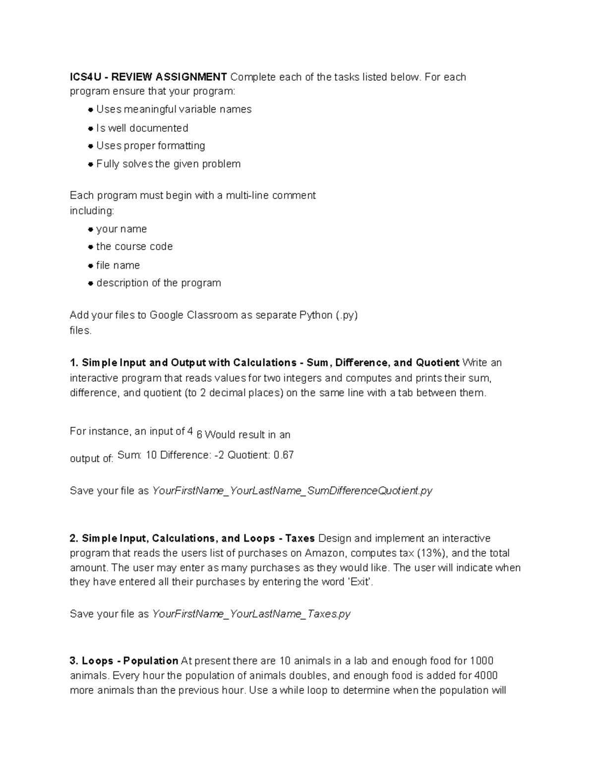 Assignment 1 - Python Review - ICS4U - REVIEW ASSIGNMENT Complete each ...