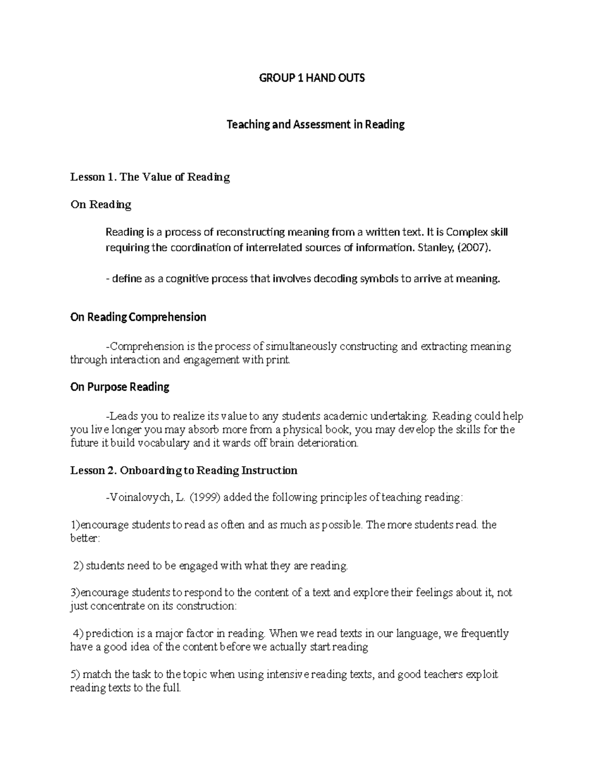 Group 1 Handouts Teaching and Assessment in Reading - GROUP 1 HAND OUTS ...