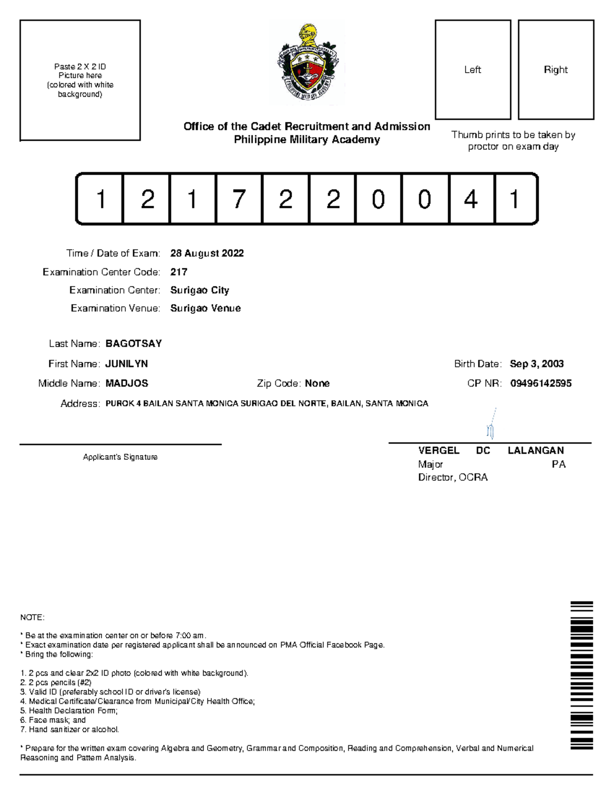 Applicant Permit - Assignment - Office of the Cadet Recruitment and ...