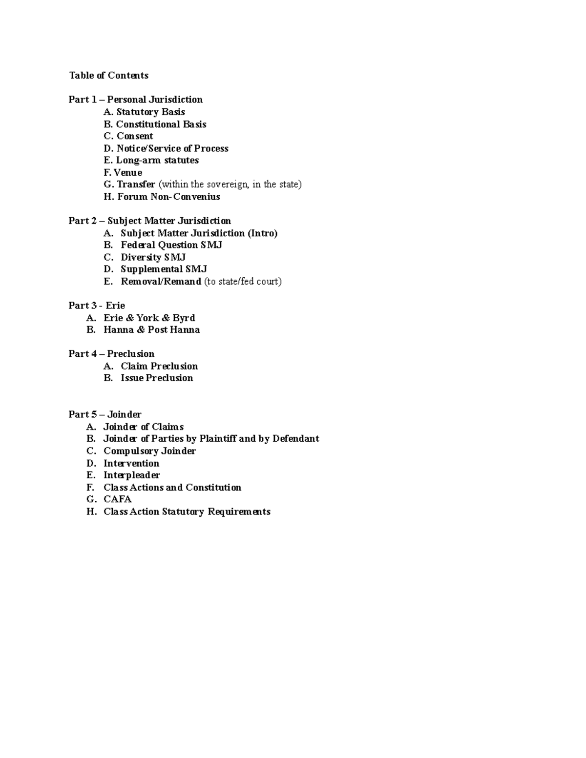 Civ Pro II Outline - Exam Prep Materials - Prof Scarlett - Table of ...