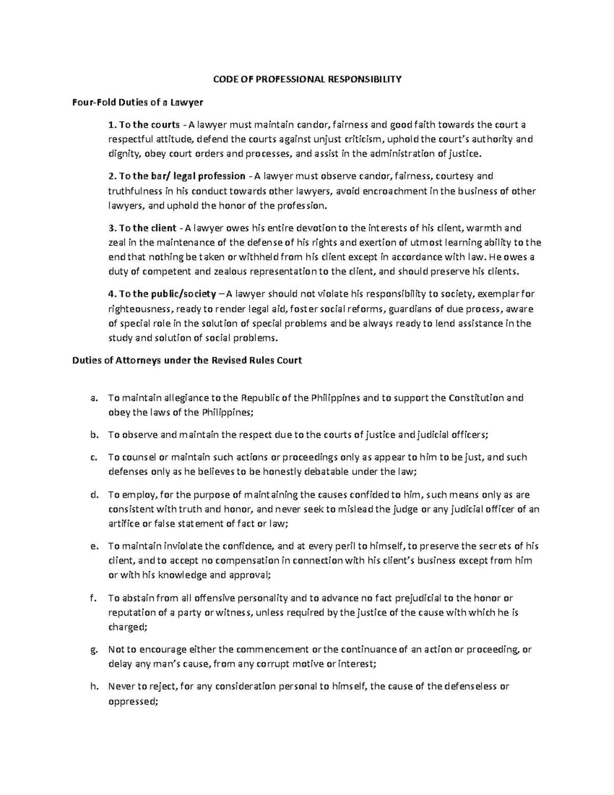 Canons 1 14 Yes CODE OF PROFESSIONAL RESPONSIBILITY Four Fold
