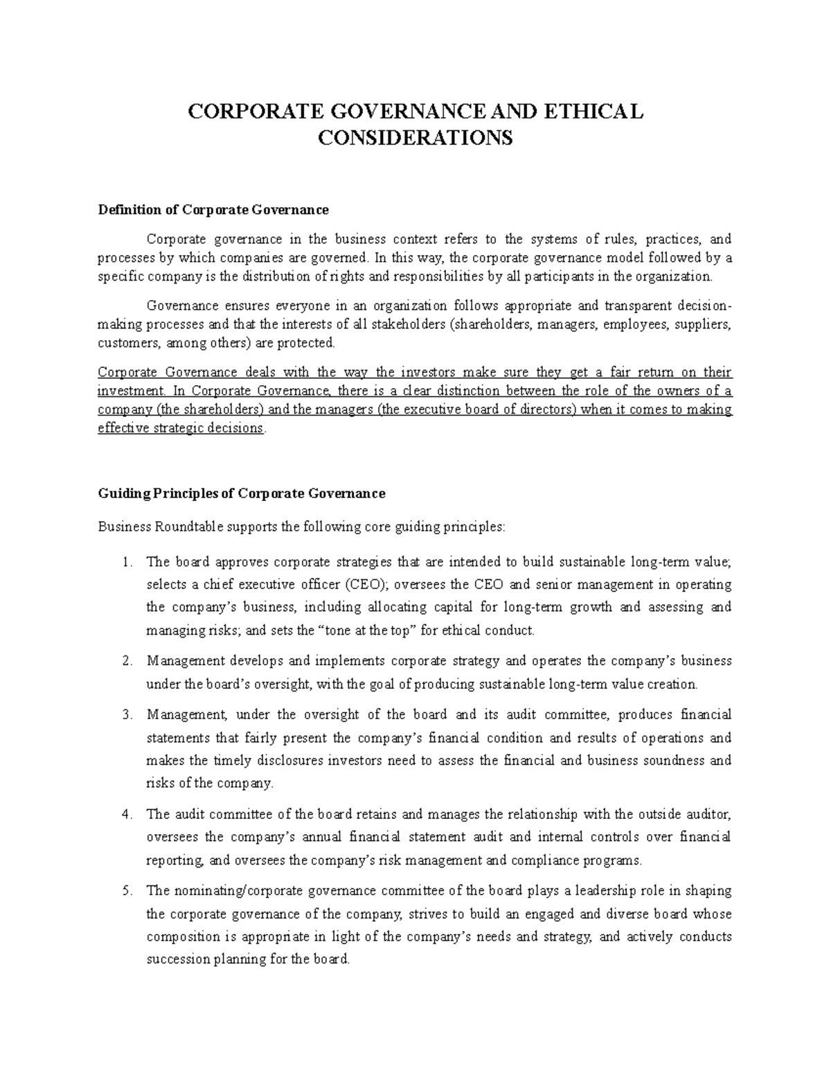 Corporate Governance AND Ethical Considerations - CORPORATE GOVERNANCE ...