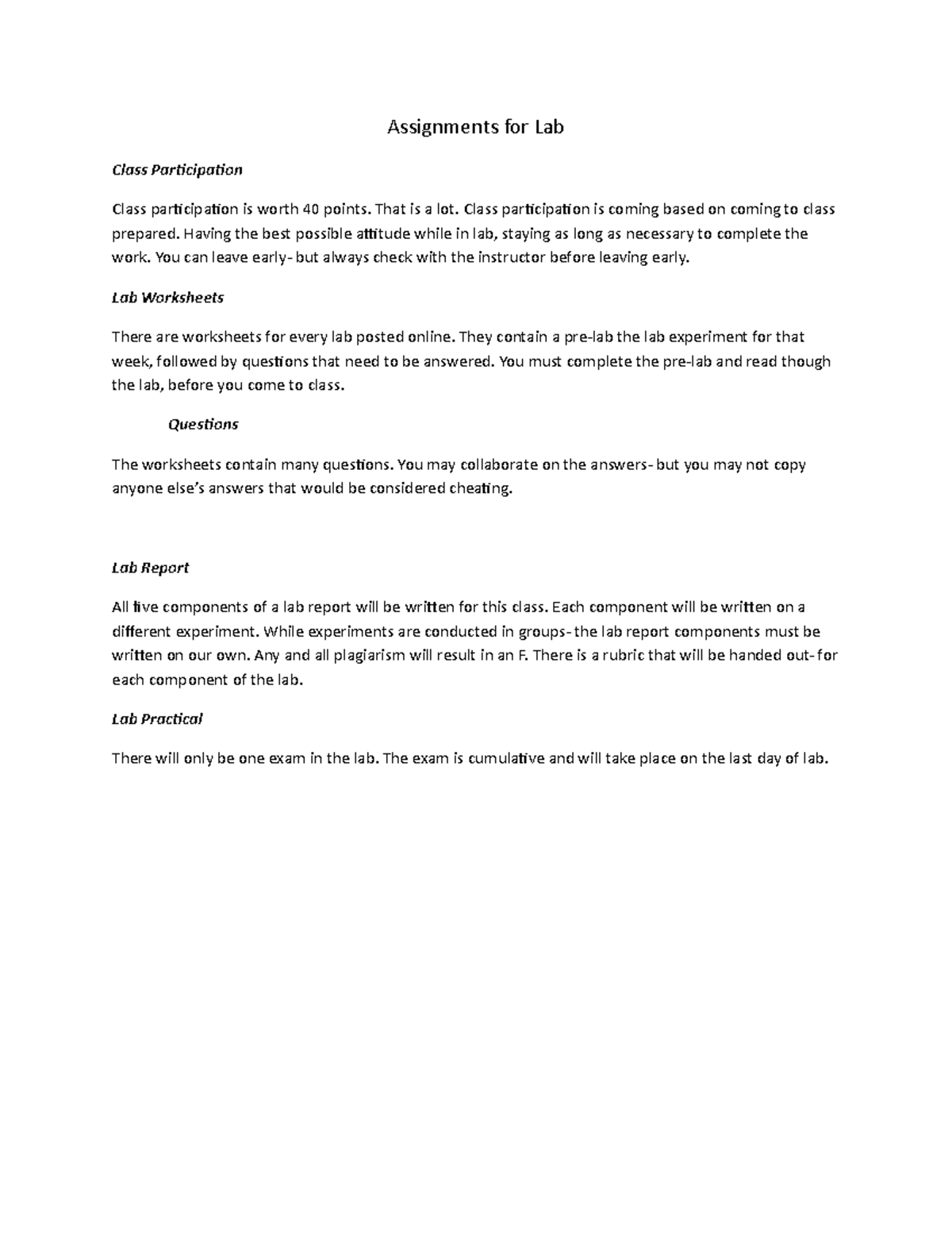 Assignments for Lab 2021 - Assignments for Lab Class Participation ...