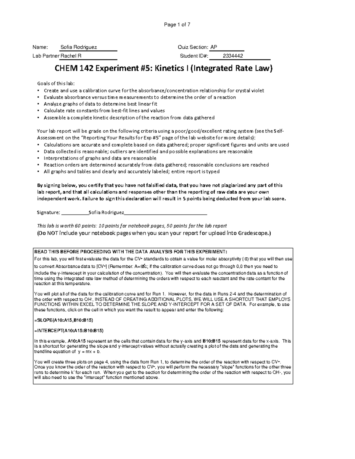 Chem lab 5 kinetics - Name: Sofia Rodriguez Quiz Section: AP Lab ...