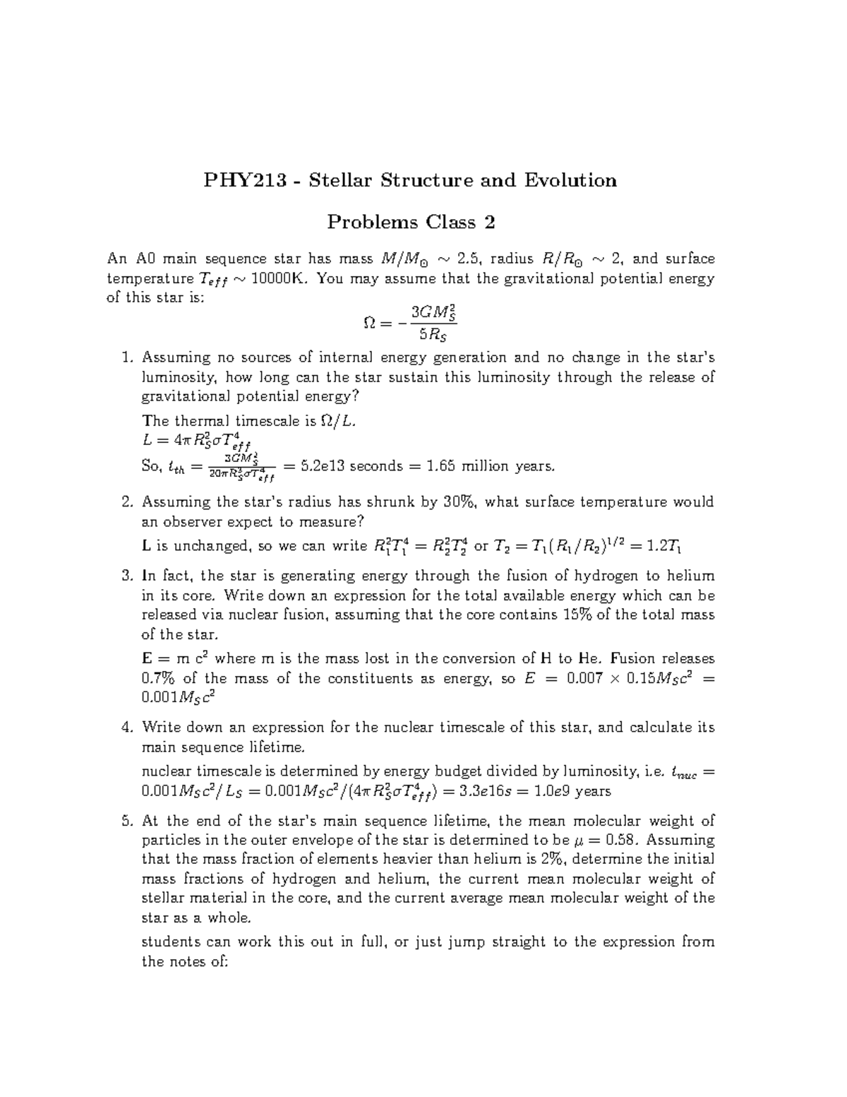 Problem Class 2 ANS - Practice Questions - PHY213 - Stellar Structure and Evolution Problems ...