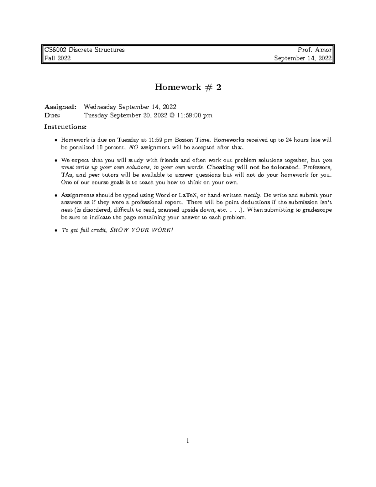 Hw2 sol - Solutions for Homework 2 - CS5002 Discrete Structures Prof. Amor Fall 2022 September ...