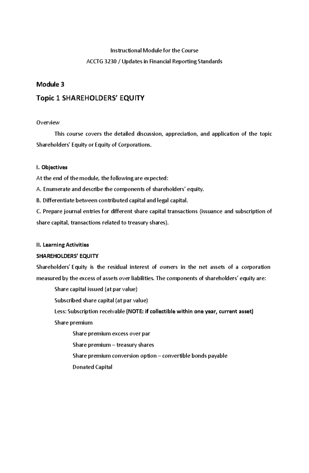 Module on Shareholders' Equity - Instructional Module for the Course ...