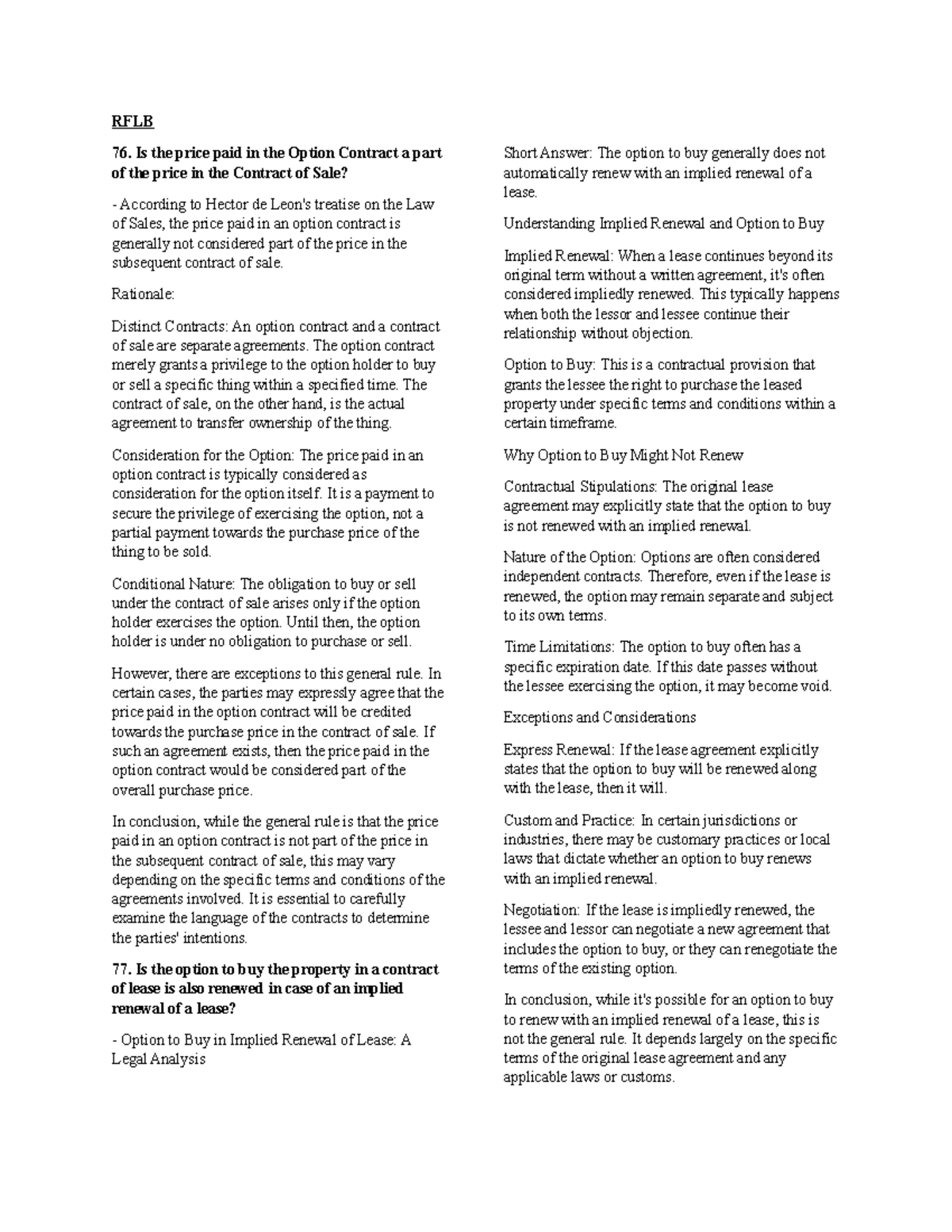 RFLB - Reviewer - RFLB Is the price paid in the Option Contract a part ...