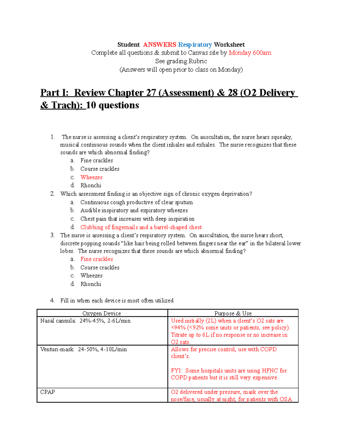 respiratory worksheet - Student ANSWERS Respiratory Worksheet Complete ...