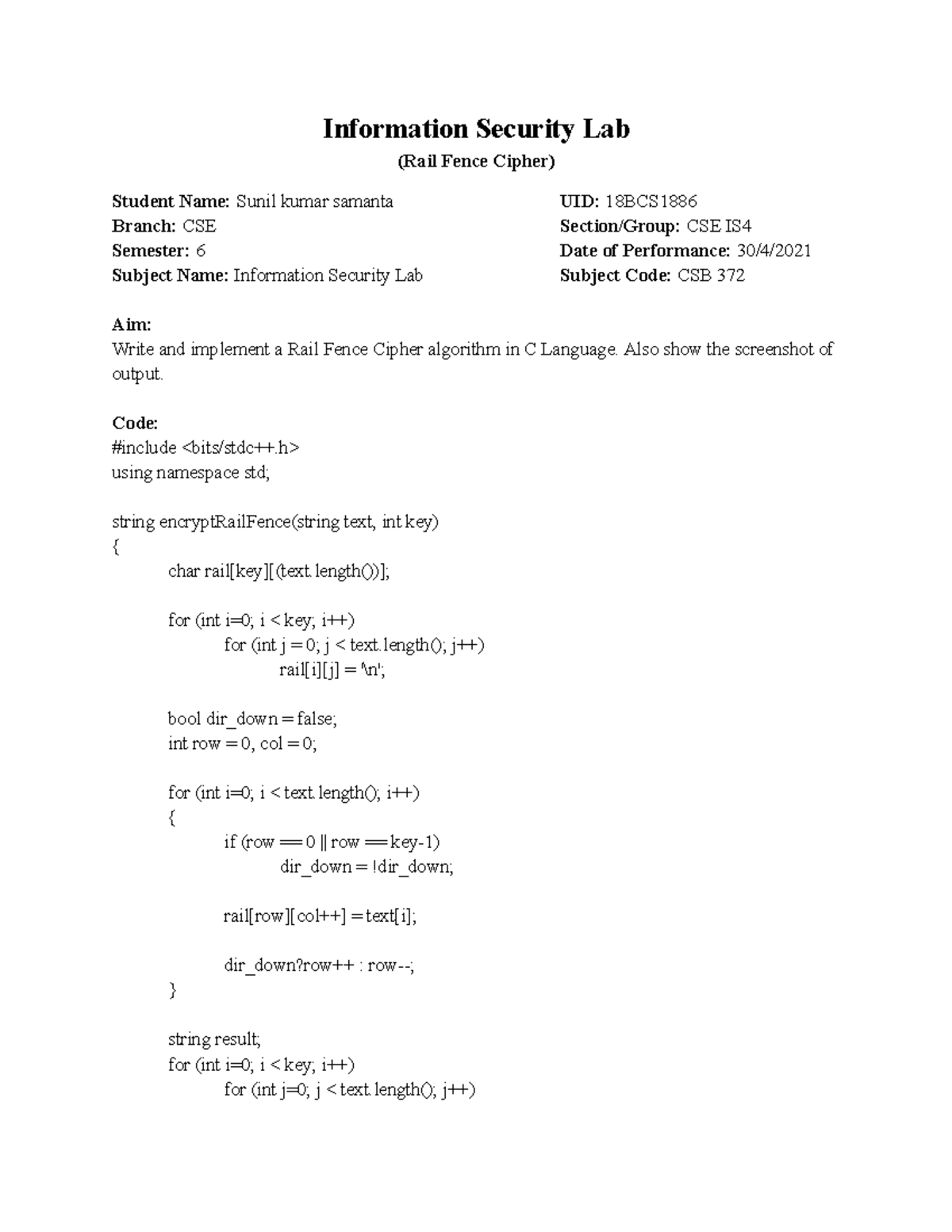 - Information Security Lab Worksheet 9 - 18BCS1886 - Information Security Lab (Rail Fence Cipher ...
