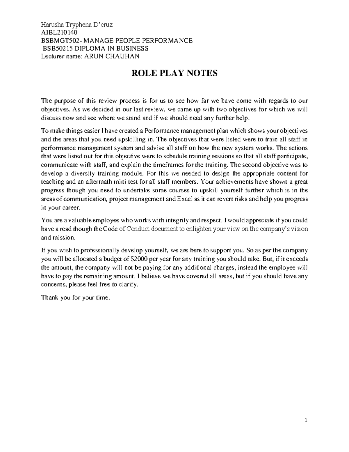 Role play notes to HR manager /Check it - Harusha Tryphena D’cruz AIBL ...
