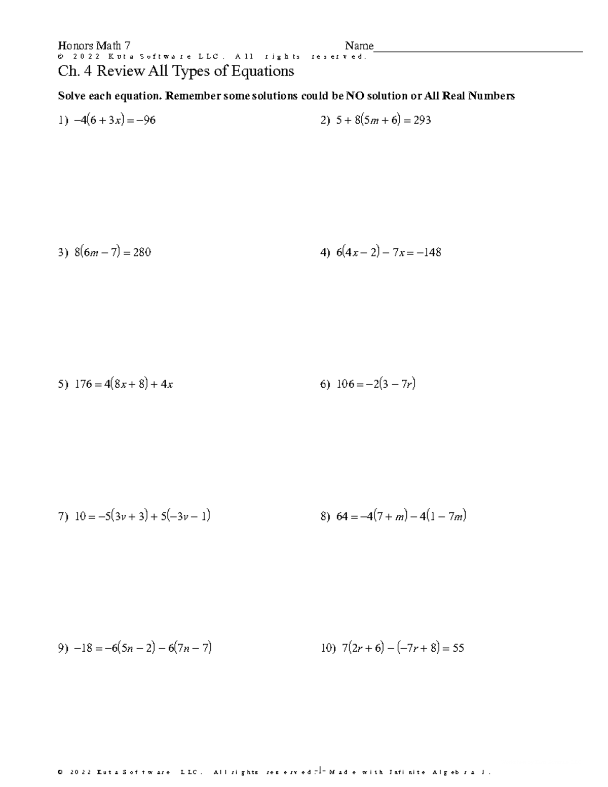 Ch. 4 Review All Types of Equations Honors Review WIth Answers - ©I T 2 ...