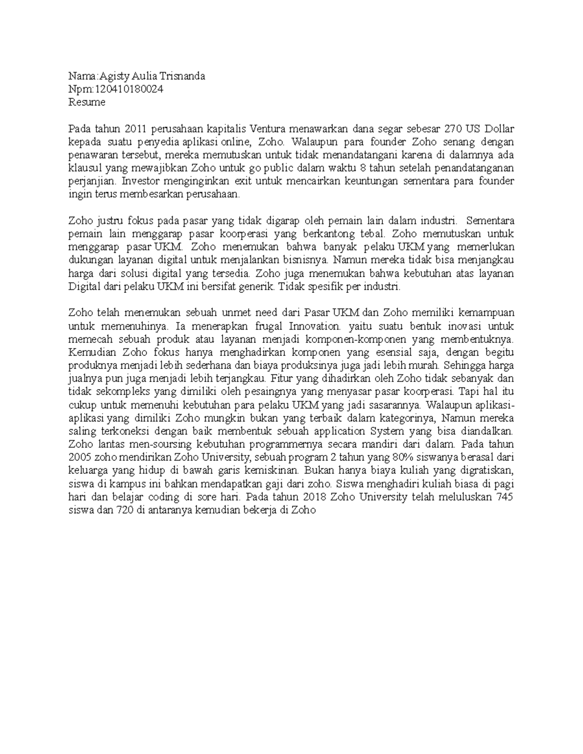 Resume Zoho Corporation - Nama:Agisty Aulia Trisnanda Npm: Resume Pada ...