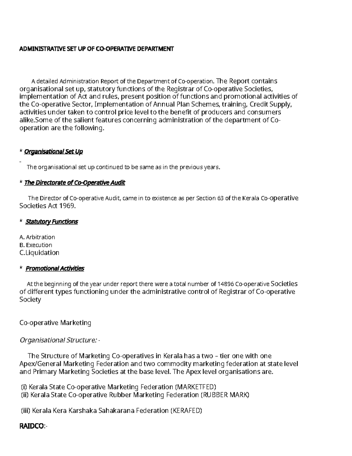 Administrative setup of cooperative department - ADMINISTRATIVE SET UP ...