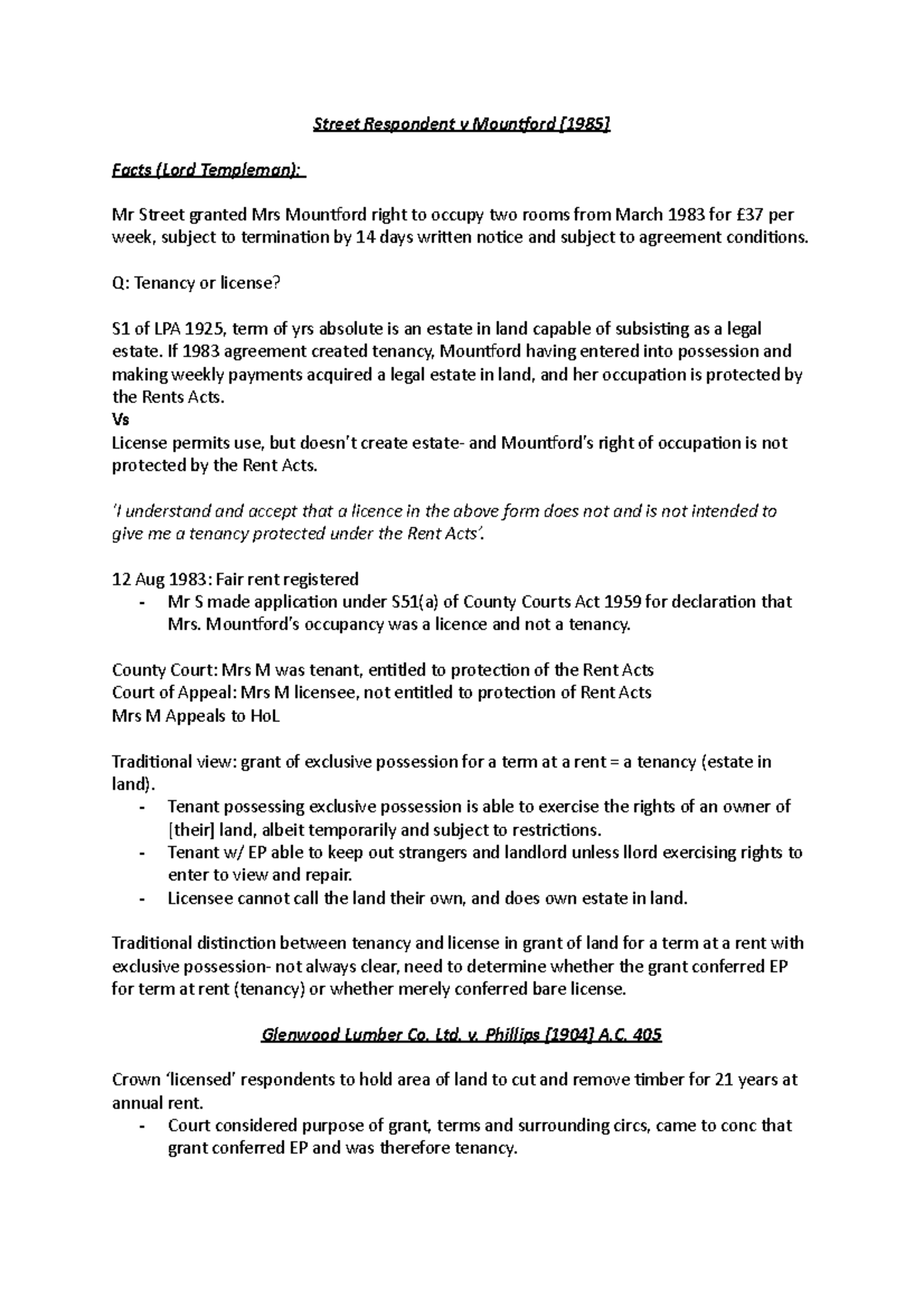 LC6: Leases: Street v Mountford - Street Respondent v Mountford [1985 ...