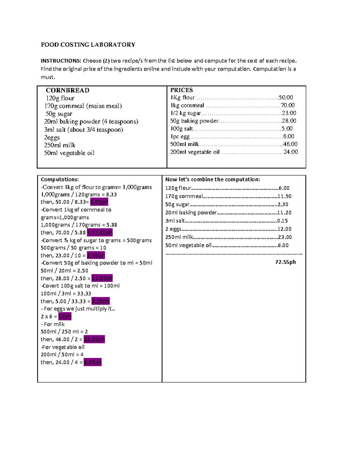 FOOD Costing Laboratory - FOOD COSTING LABORATORY INSTRUCTIONS: Choose ...