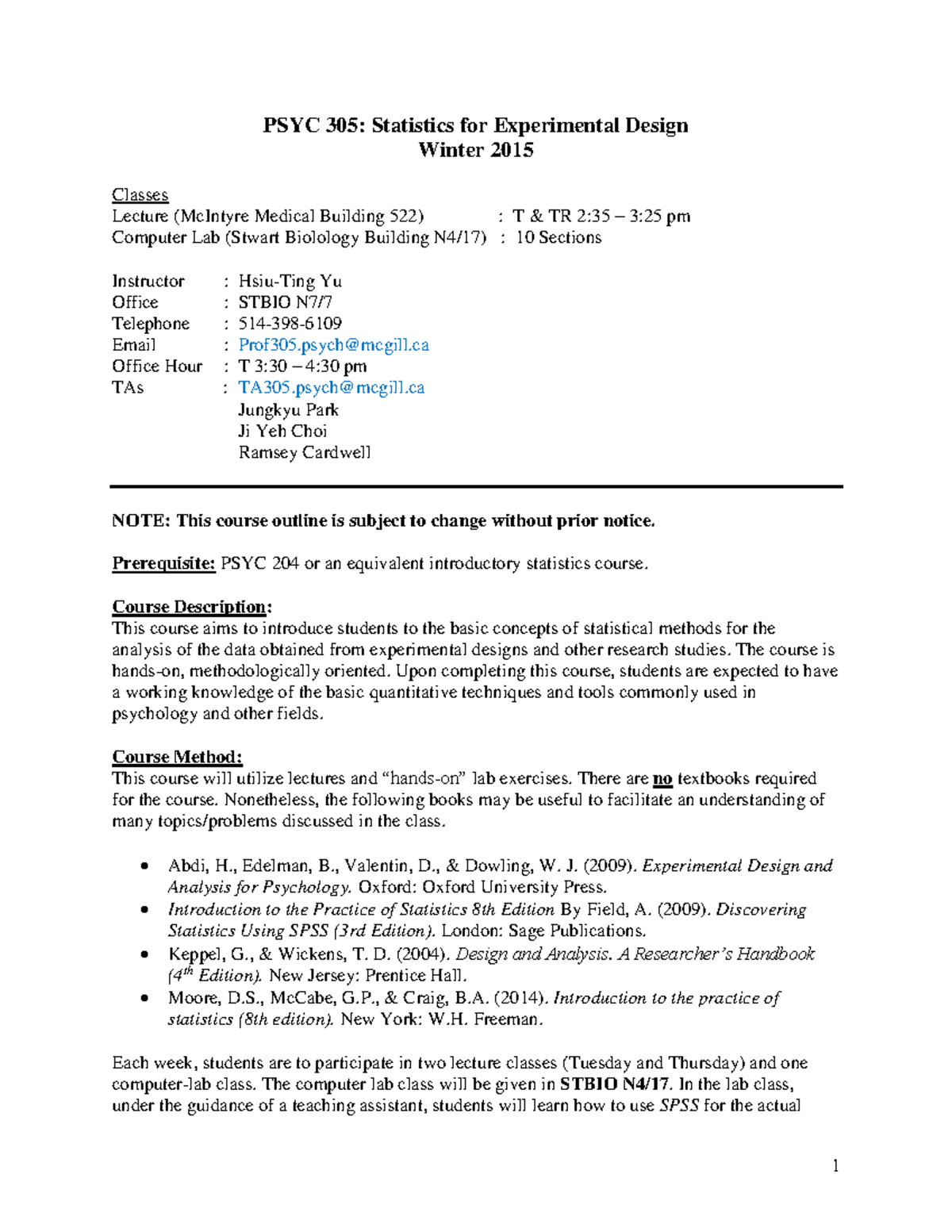 W2015 PSYC305 Syllabus - PSYC 305: Statistics for Experimental Design ...
