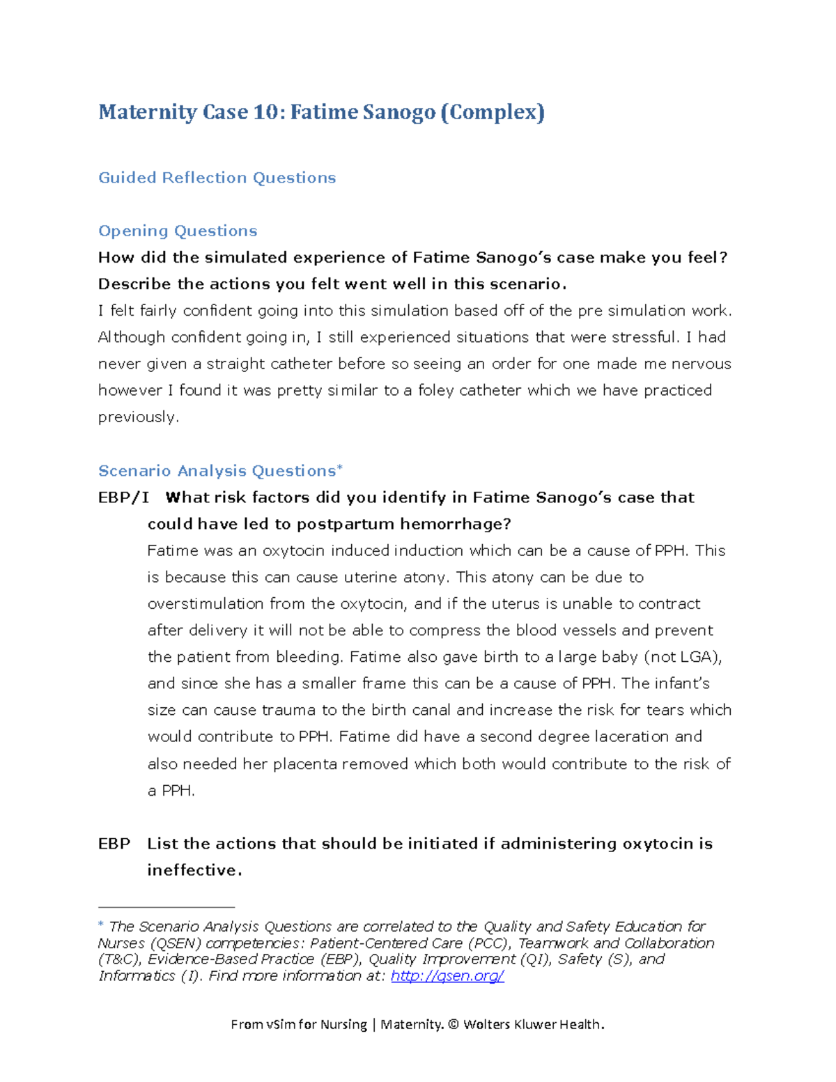 Fatime reflection PDF - Maternity Case 10: Fatime Sanogo (Complex ...