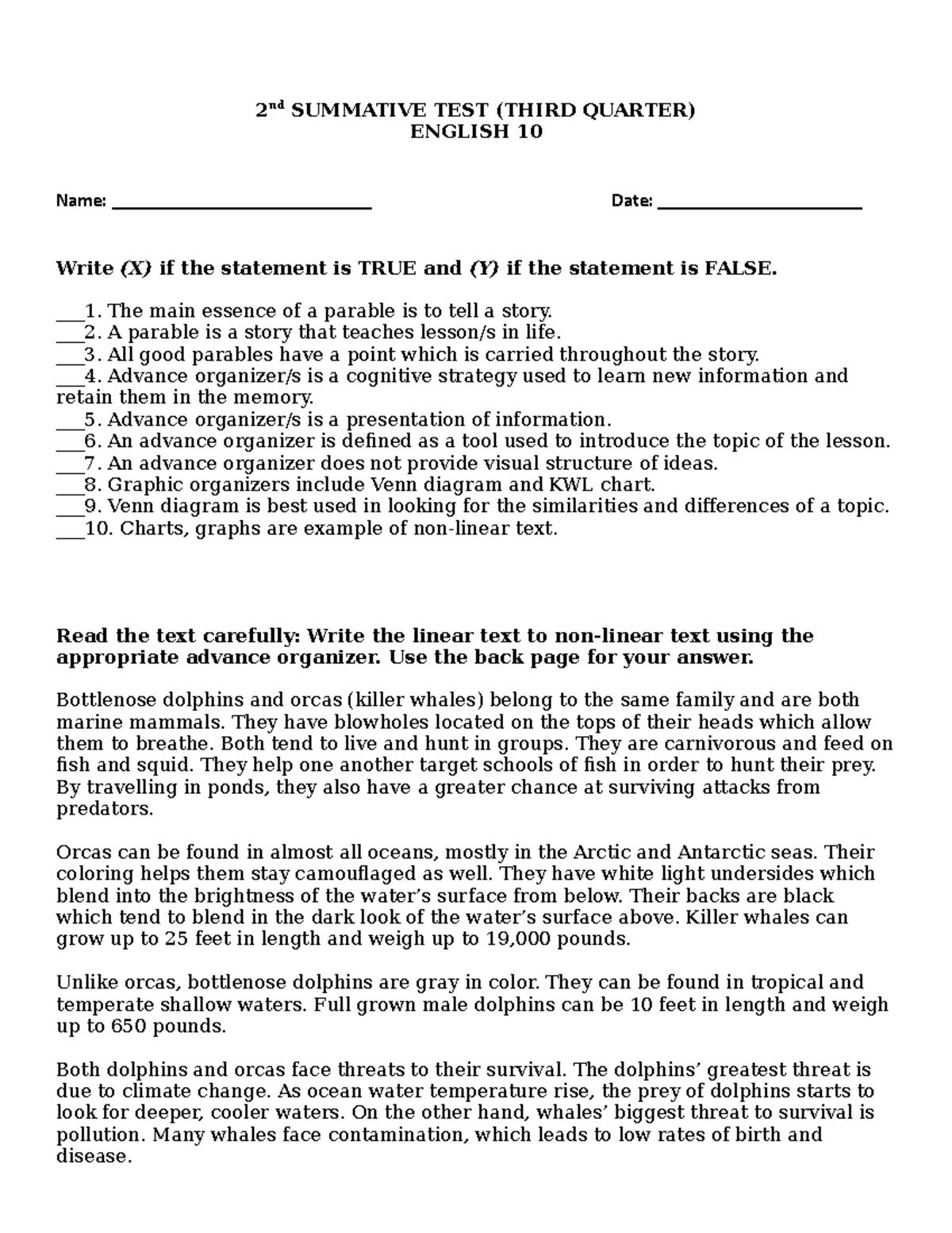 2nd Summative TEST. English 10 - 2 nd SUMMATIVE TEST (THIRD QUARTER ...