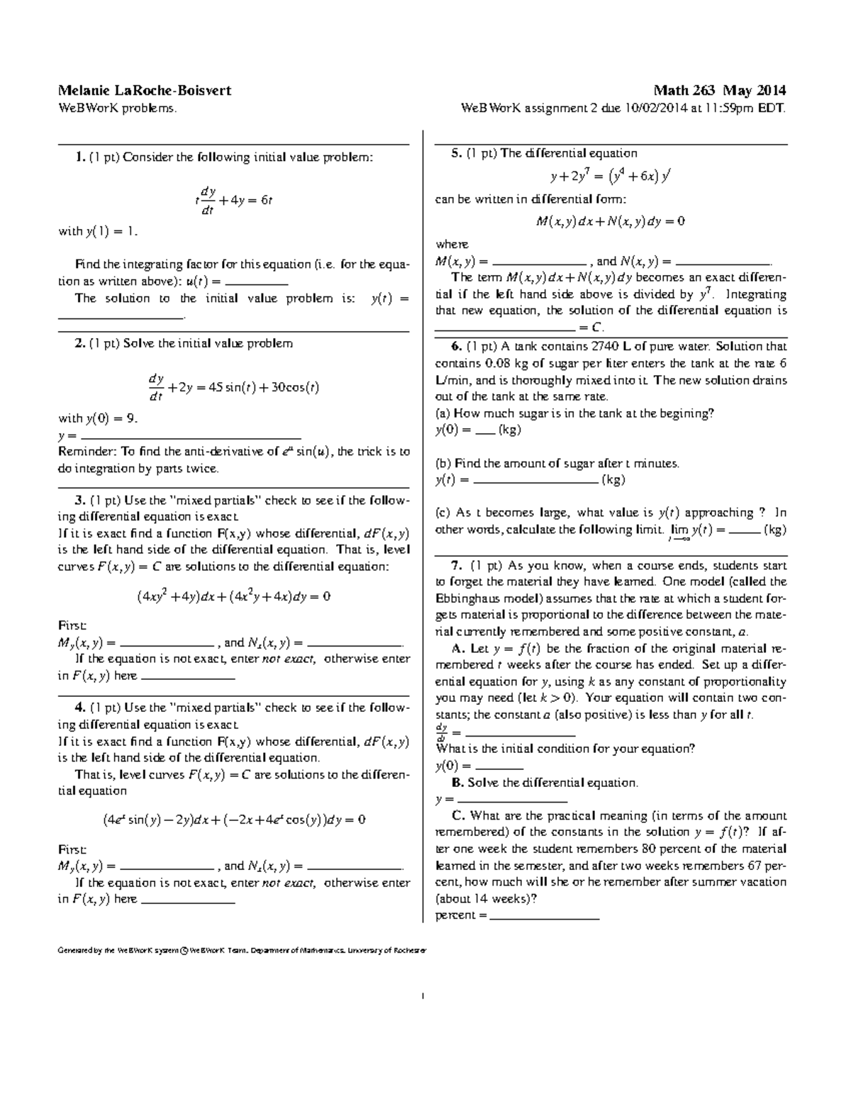 Math 263 Webwork 2 - 5 2014 - Melanie LaRoche-Boisvert Math 263 May 2014 WeBWorK problems ...