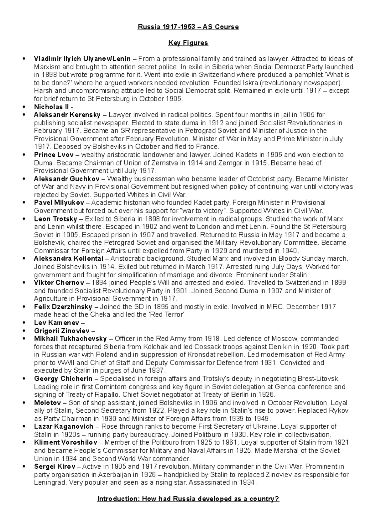 Russia Revision Guide - Russia AS Course Key Figures Vladimir Ilyich ...
