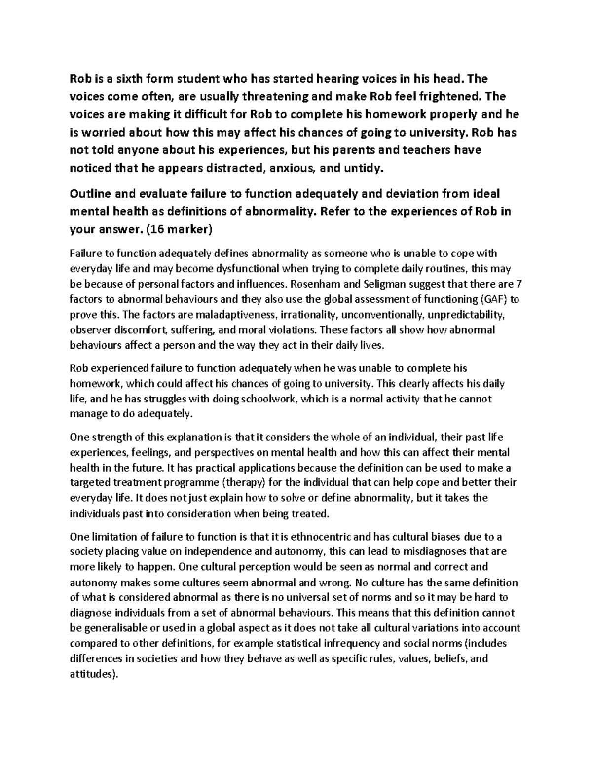 Psychopathology essay - Abnormality failure to function adequately and ...