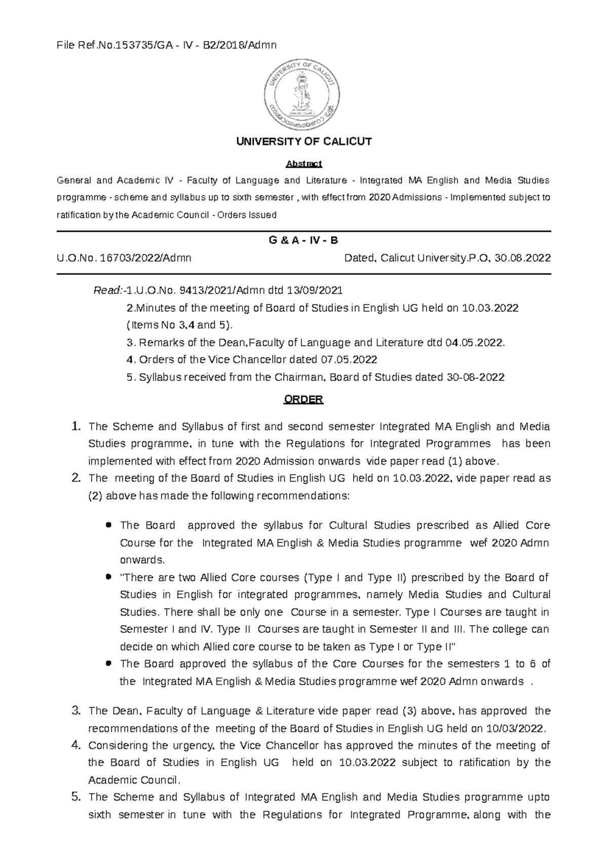 Integrated MA English and Media Studies Syllabus and Scheme - U.O ...
