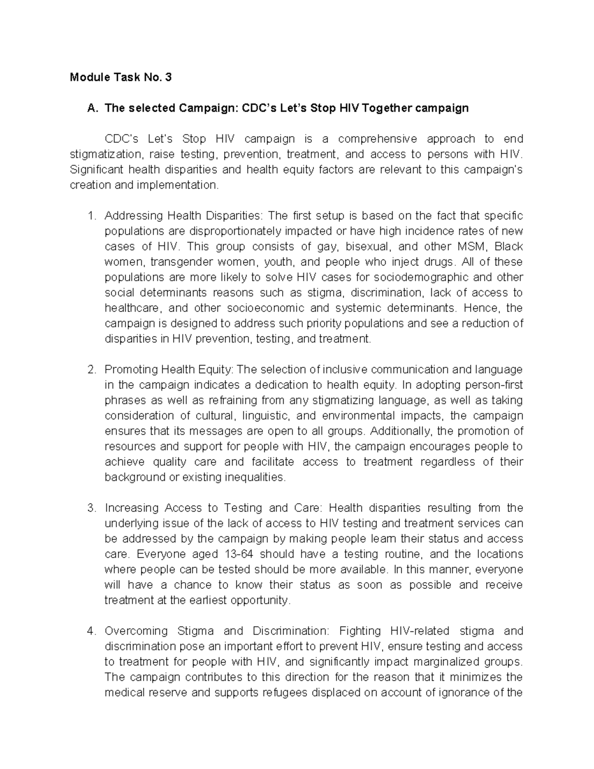 Module 3 - Module Task No. 3 A. The selected Campaign: CDC’s Let’s Stop ...