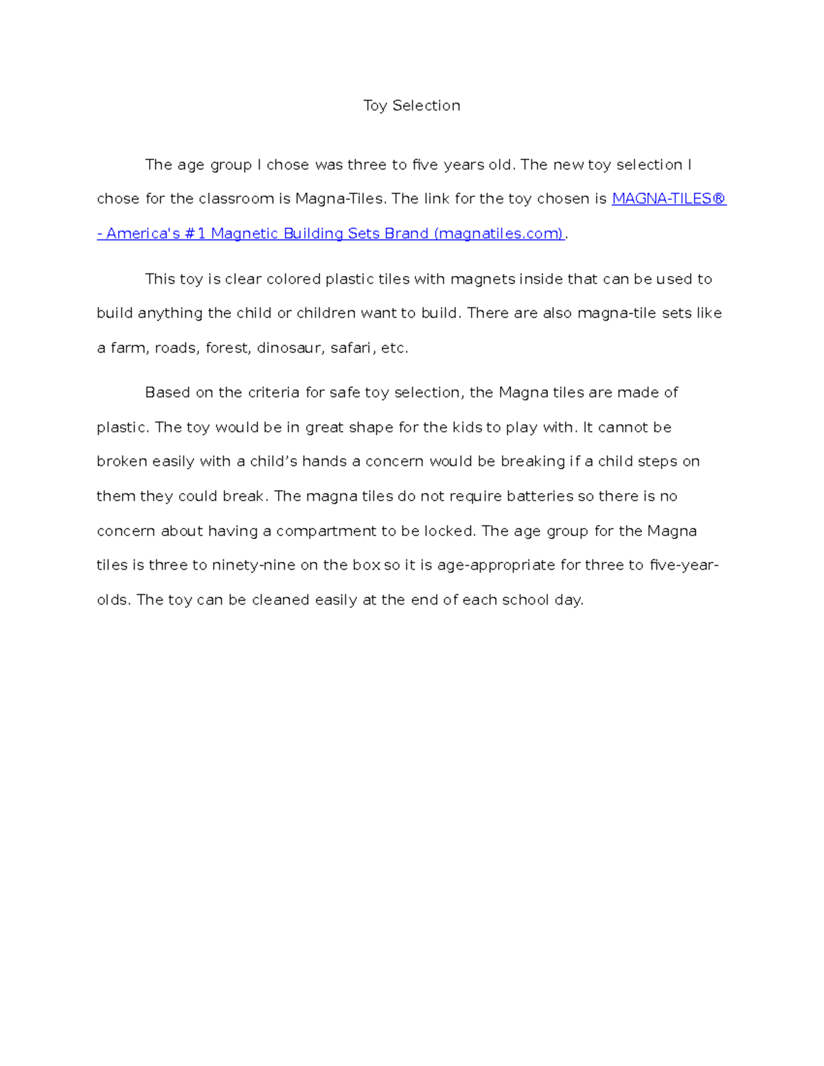 ECED104 Week 2 Toy Selection Report - Toy Selection The age group I ...