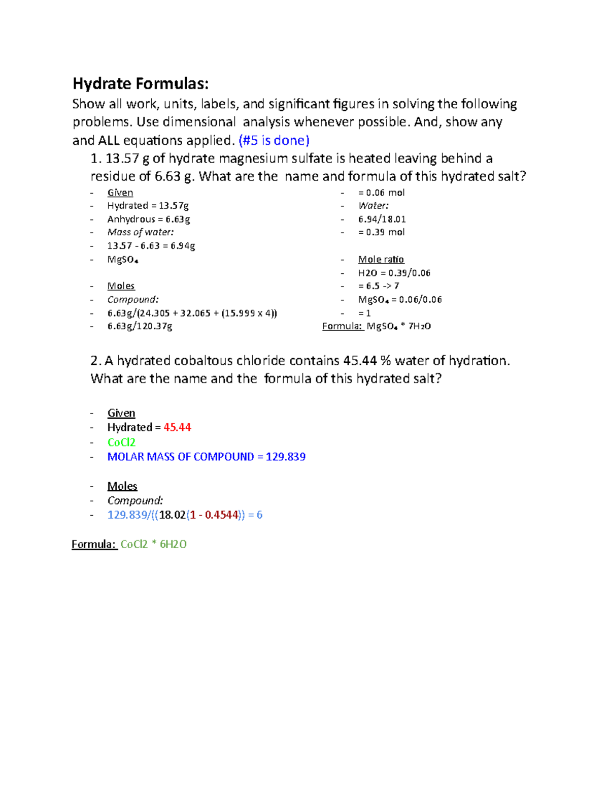 Hydrate formula to solve - Hydrate Formulas: Show all work, units ...