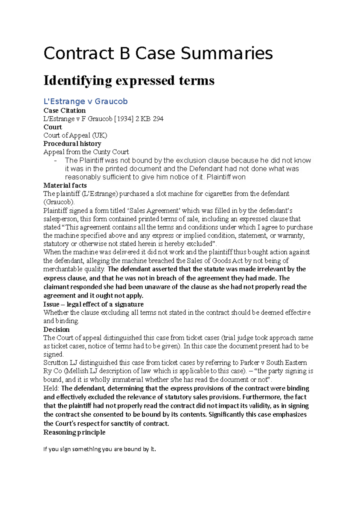 Contract B Case Summaries - Contract B Case Summaries Identifying ...