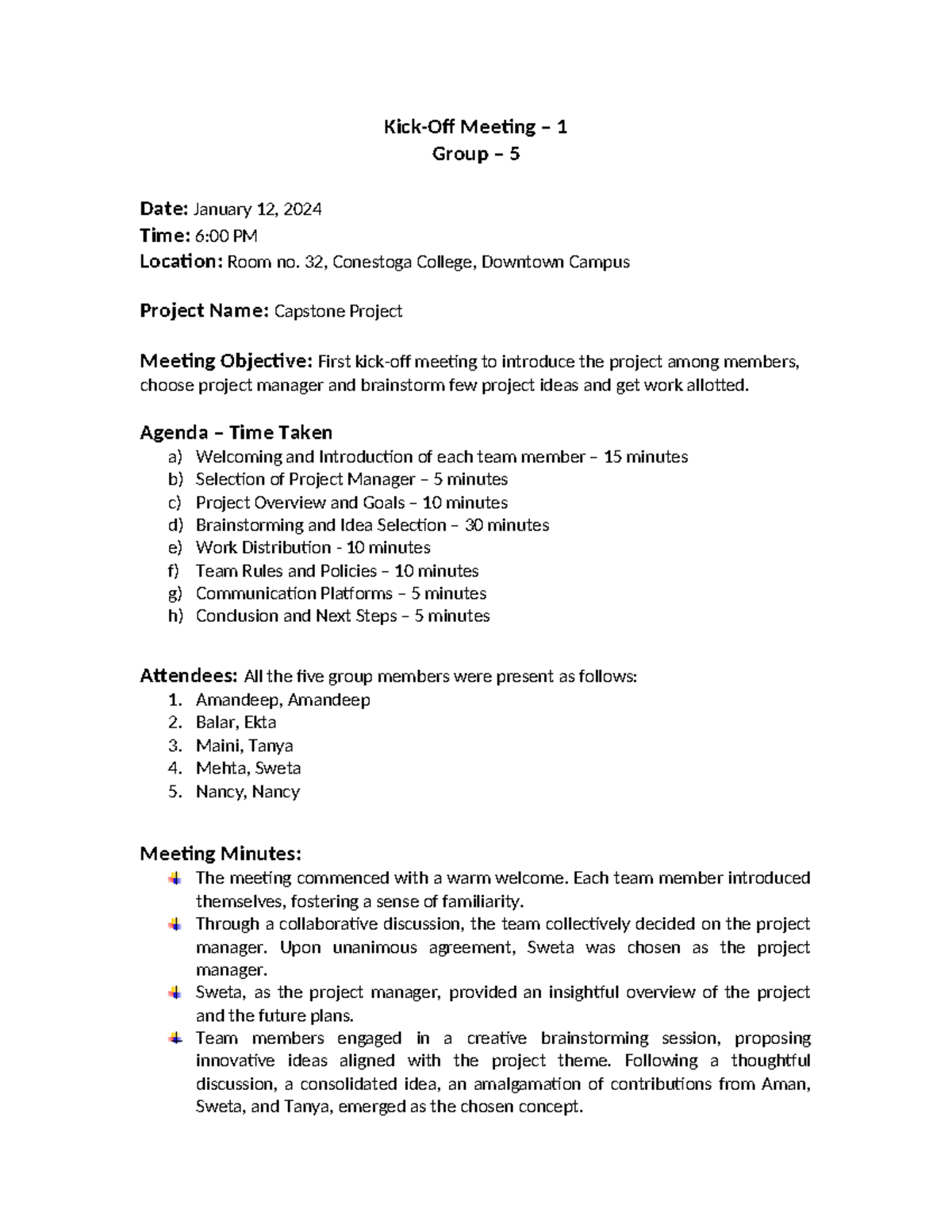 Meeting 1 agenda - Kick-Off Meeting – 1 Group – 5 Date: January 12 ...