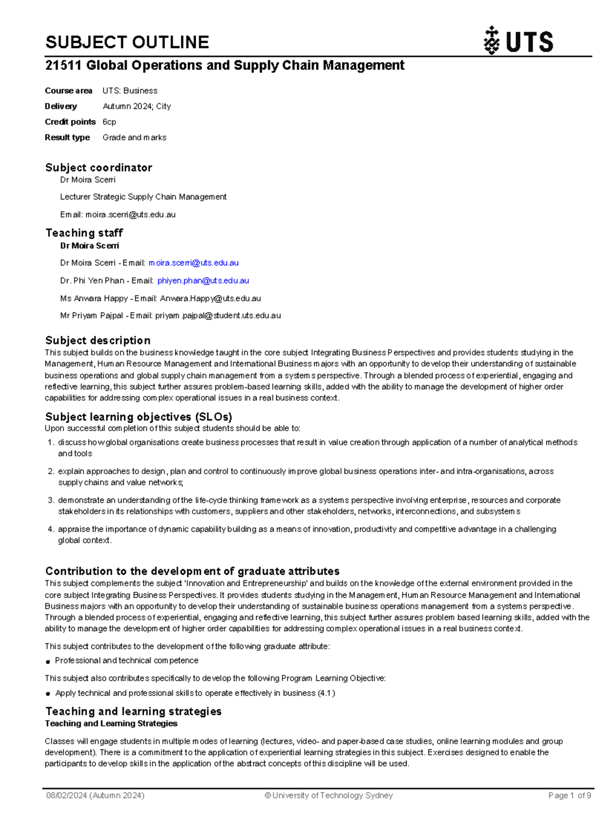 21511 Subject Outline - SUBJECT OUTLINE 21511 Global Operations and ...