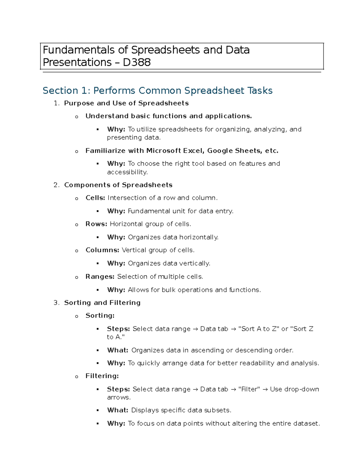Fundamentals of Spreadsheets and Data Presentations - Purpose and Use of Spreadsheets o ...