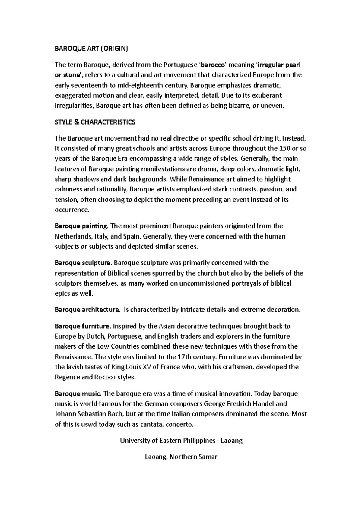 Baroque ART written report - BAROQUE ART (ORIGIN) The term Baroque ...