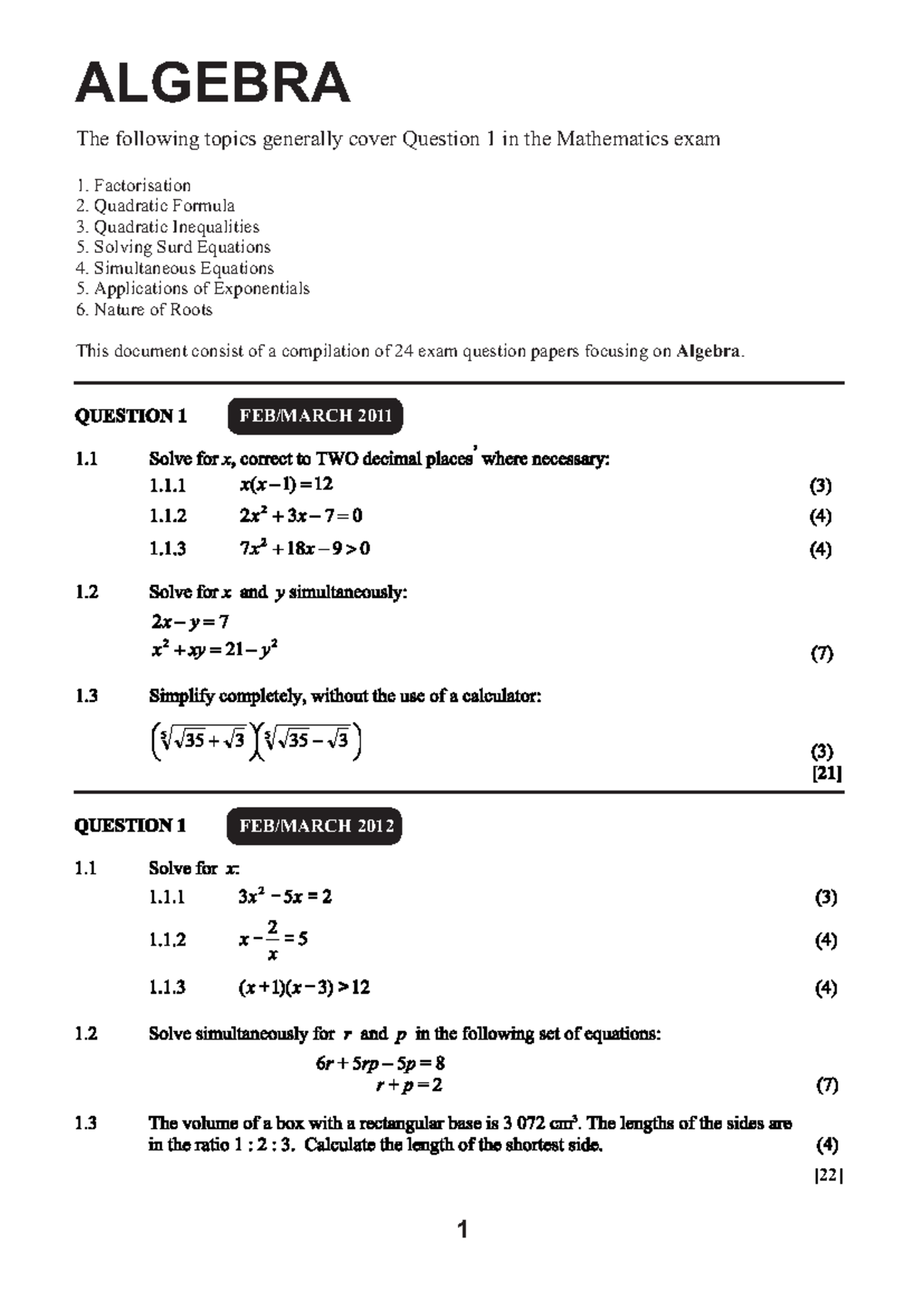 1. Algebra ( Paper 1) - Practice material. - ALGEBRA FEB/MARCH 2011 FEB ...