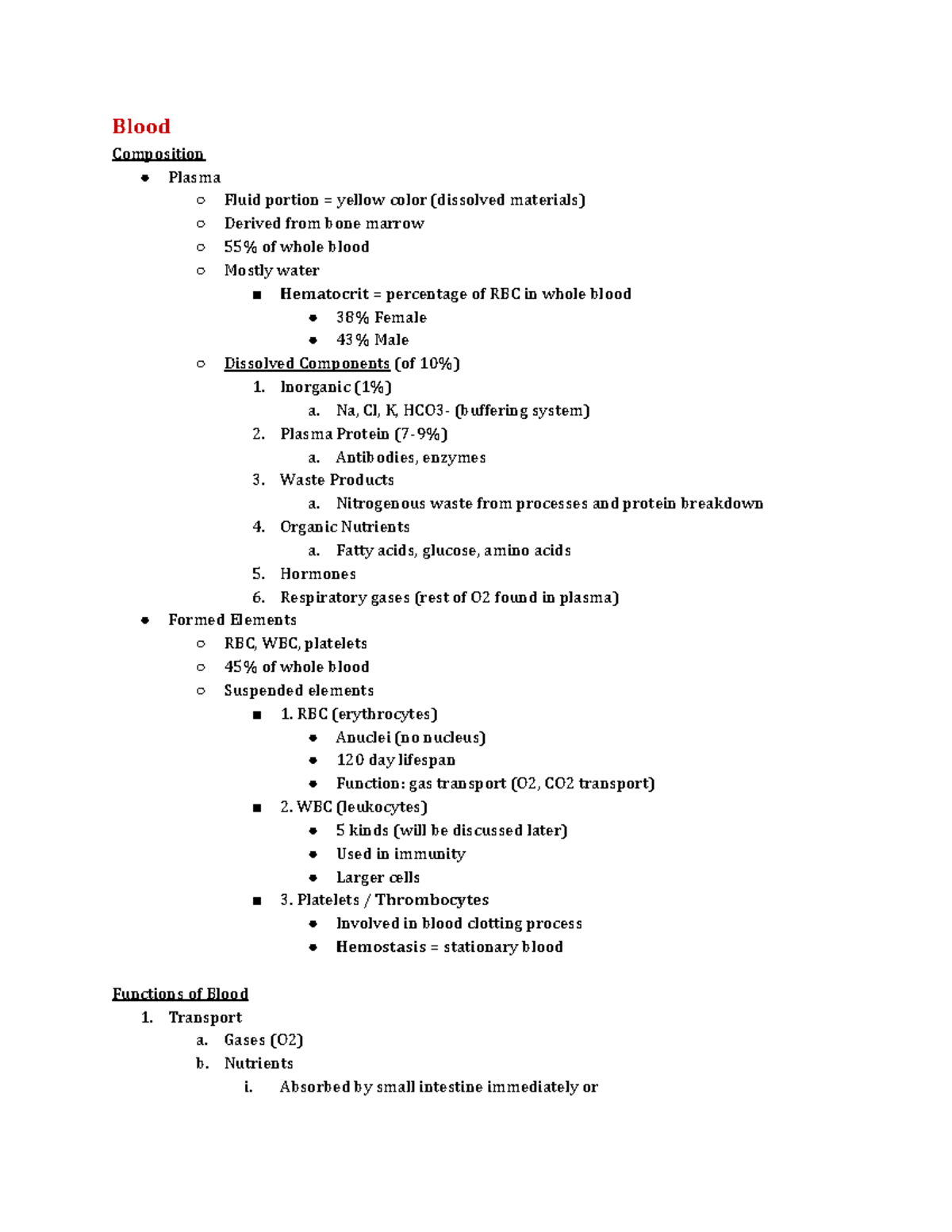 Lecture Notes - Blood & Composition - Blood Composition Plasma Fluid ...