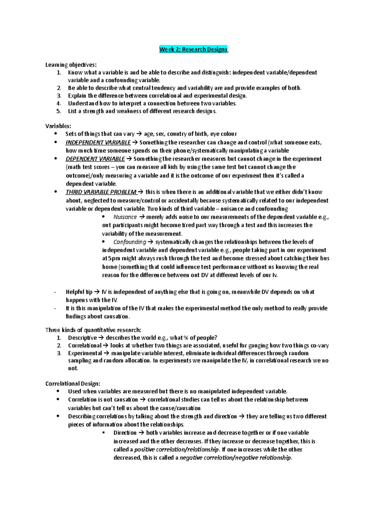 Week 2- Research Designs - Week 2: Research Designs Learning objectives ...