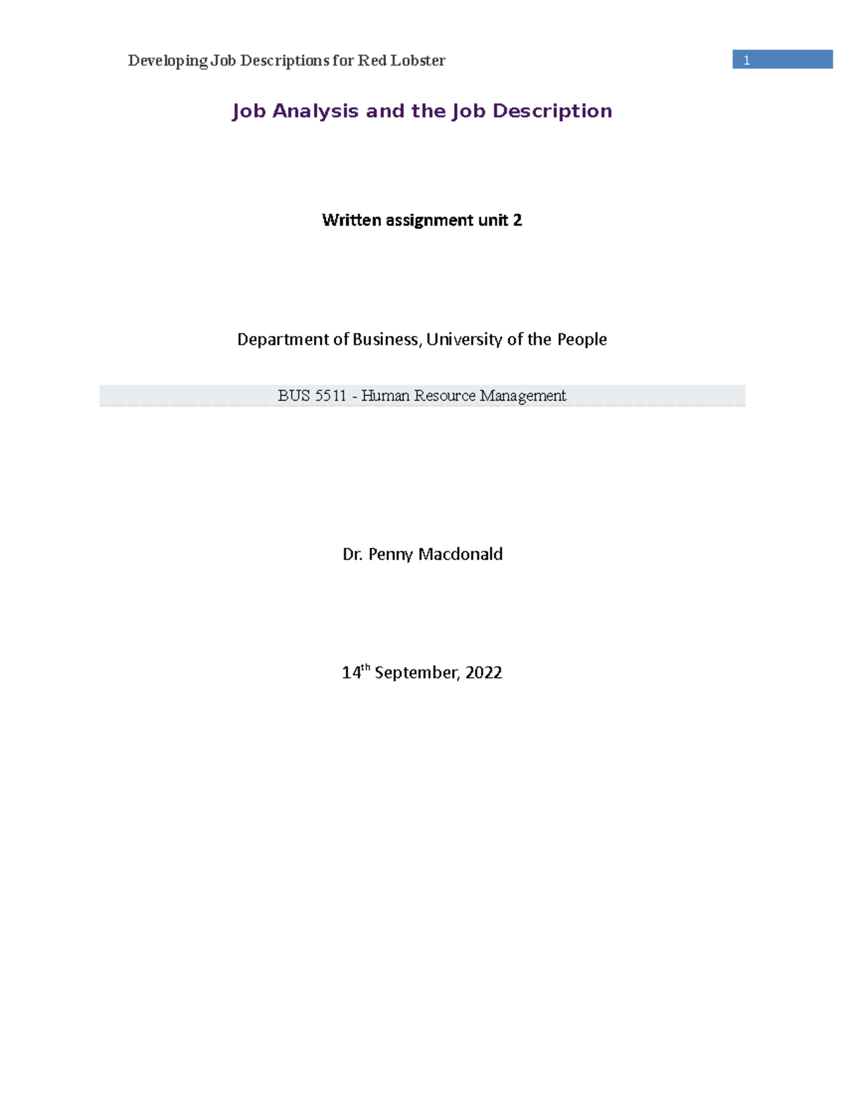 Unit 2 written - Job Analysis and the Job Description Written ...