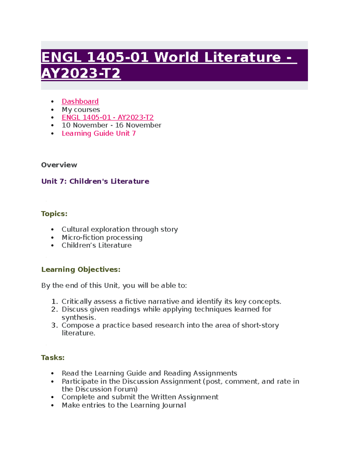 Learning Guide Unit 7 - ENG 1405 - ENGL 1405-01 World Literature ...