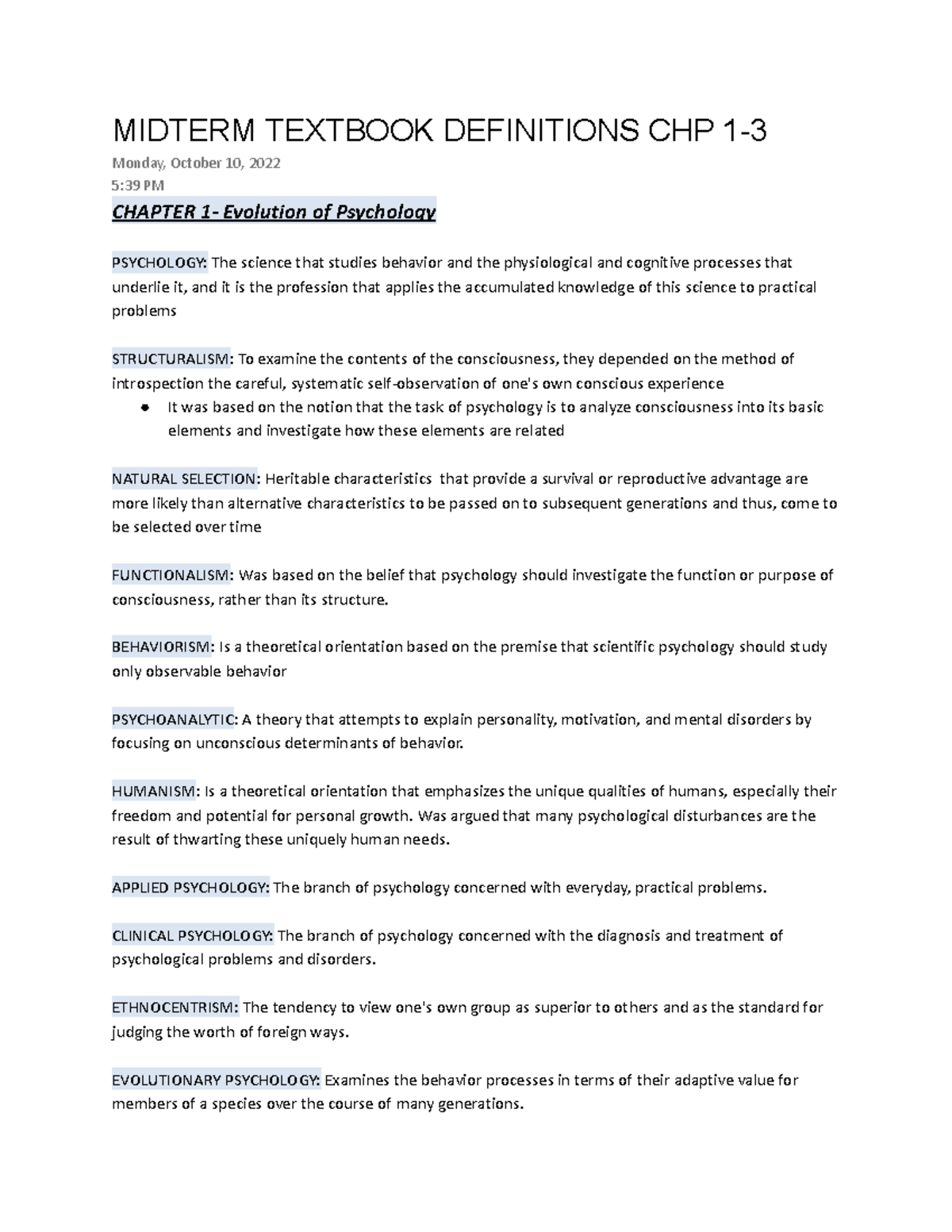 Midterm Chapter 1-3 Defintions - MIDTERM TEXTBOOK DEFINITIONS CHP 1- Monday, October 10, 20225: ...