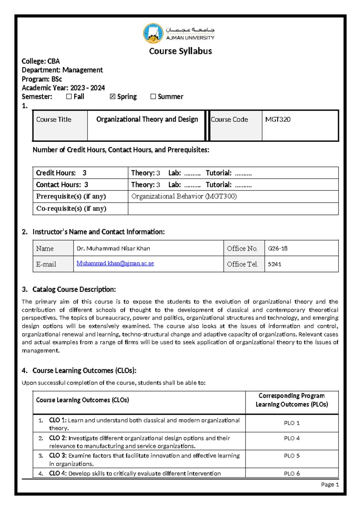 Course Syllabus Spring 2024-Approved 3 - Course Syllabus College: CBA ...