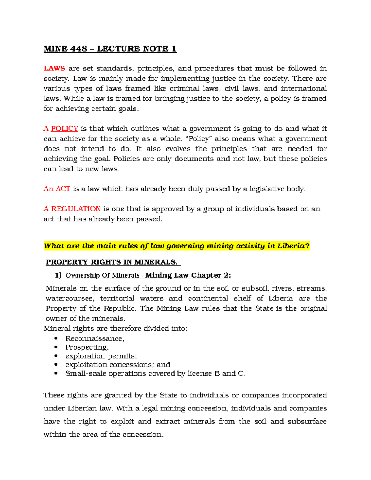 Min 448 Handout 1 Lect Note Mine 448 Lecture Note 1 Laws Are Set Standards Principles And