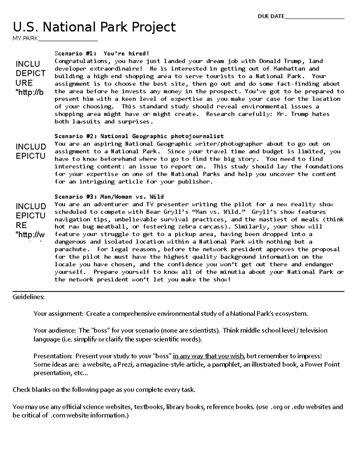 ES Ecology Project 2011 - DUE DATE_____________________ U. National ...